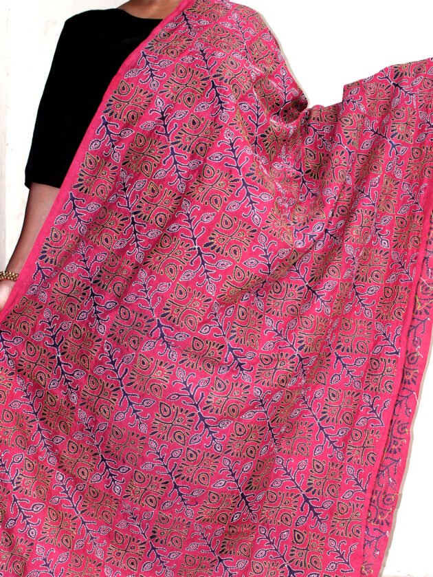 Magenta-Red Block-Print KanthaWork Silk Dupatta – Shilphaat.com