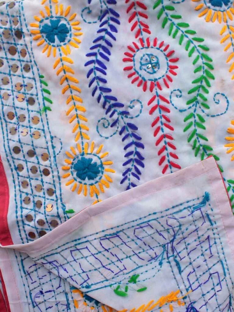 Multicolour Fulkari on White viscose Dupatta – Shilphaat.com