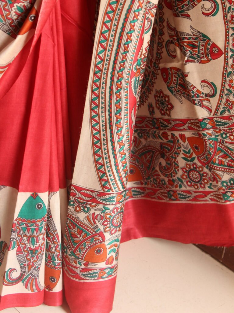 Red and white Muga-Tussar Silk Sari – Shilphaat.com