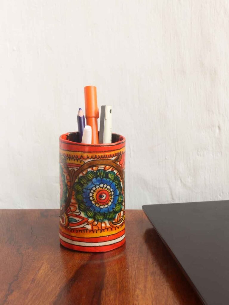 Flowers painted Leather Pen Stand – Shilphaat.com