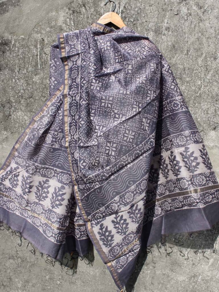 Grey-Indigo Block-Printed Chanderi Dupatta – Shilphaat.com