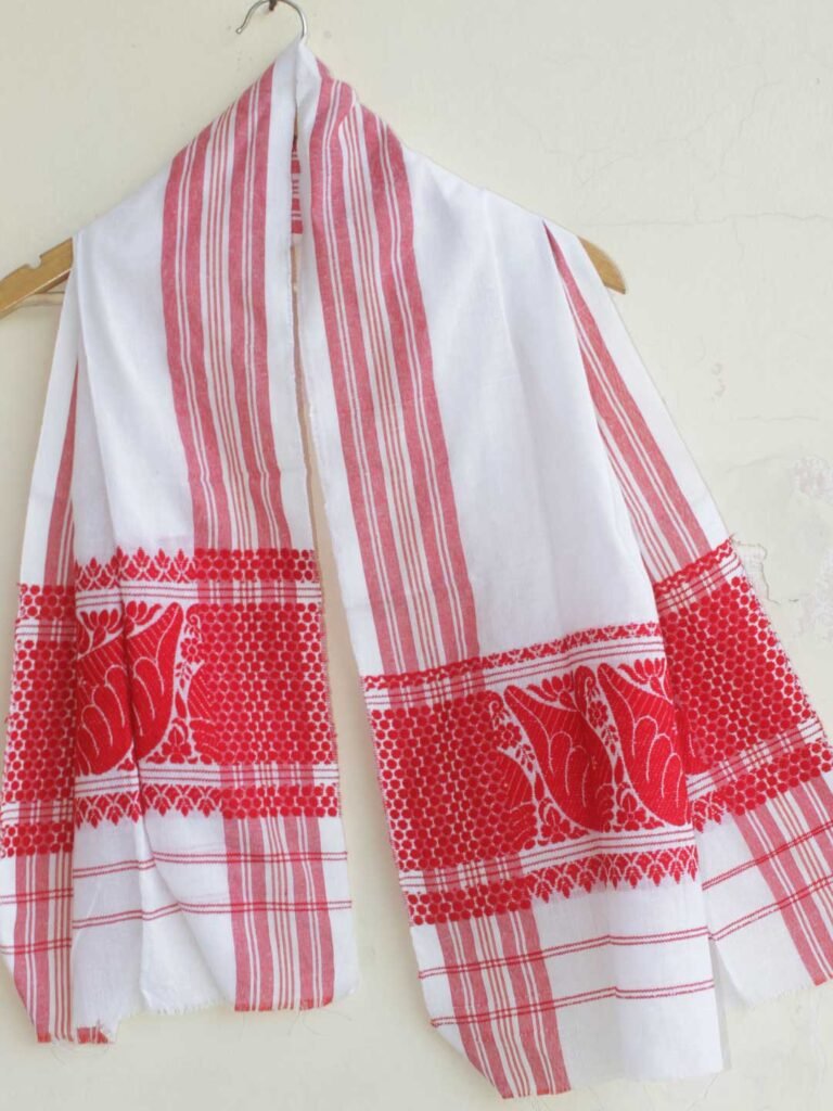 Red Shankh motif White Assamese Gamosa – Shilphaat.com