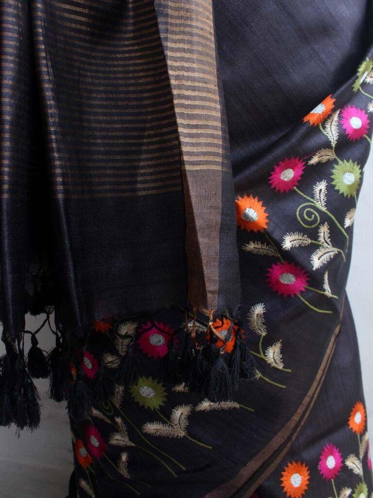 Embroidered, Black Desi tussar silk Sari – Shilphaat.com