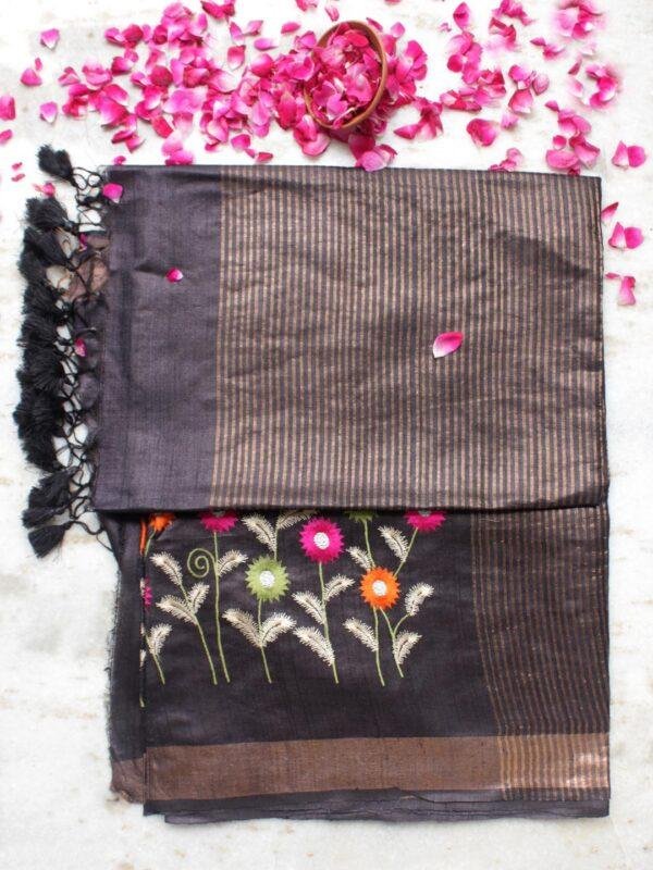 Embroidered, Black Desi tussar silk Sari – Shilphaat.com
