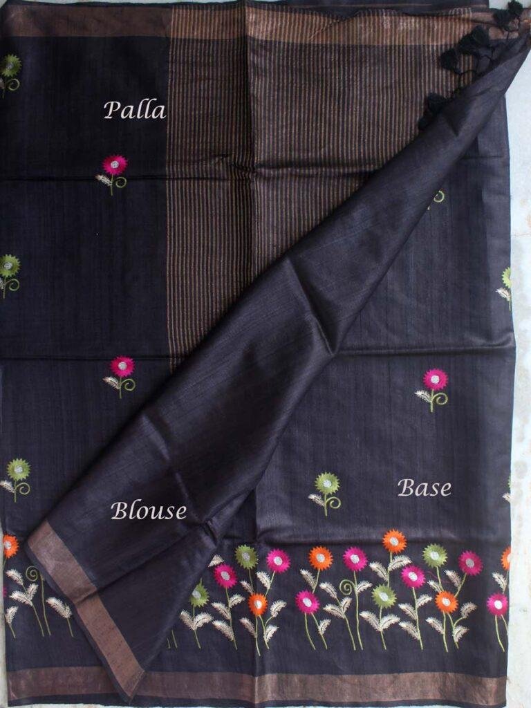 Embroidered, Black Desi tussar silk Sari – Shilphaat.com