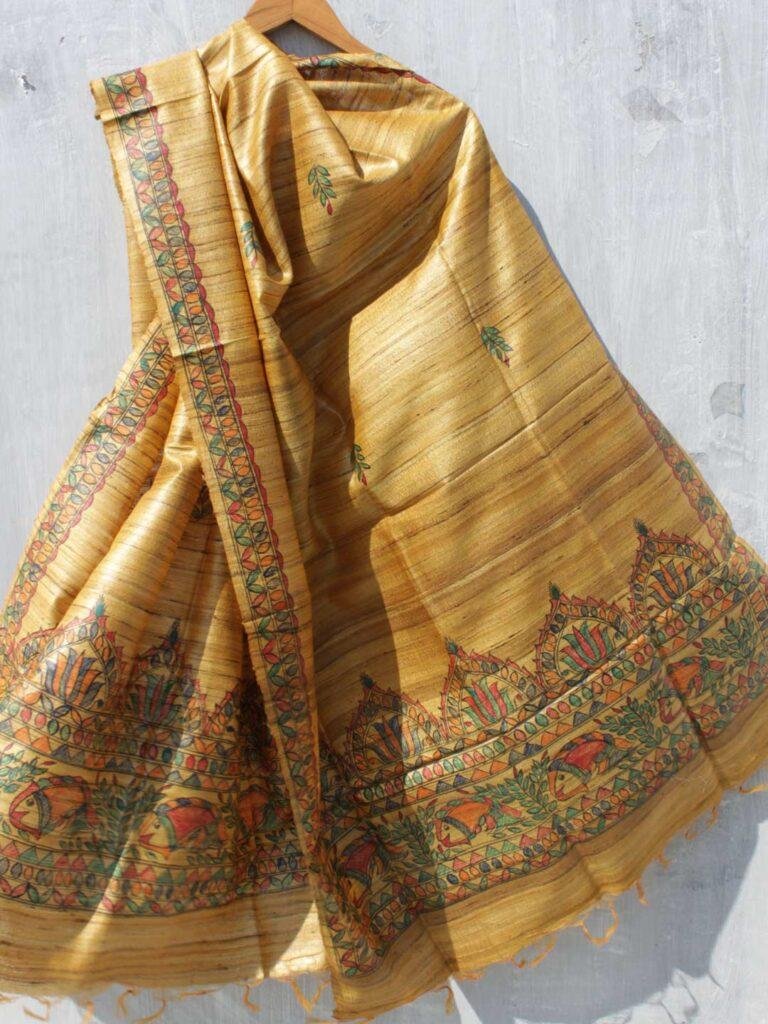 Green, pink and Brown Tussar silk Stole – Shilphaat.com